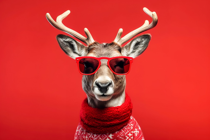 China Reindeer with glasses on red background in christmas costume ...